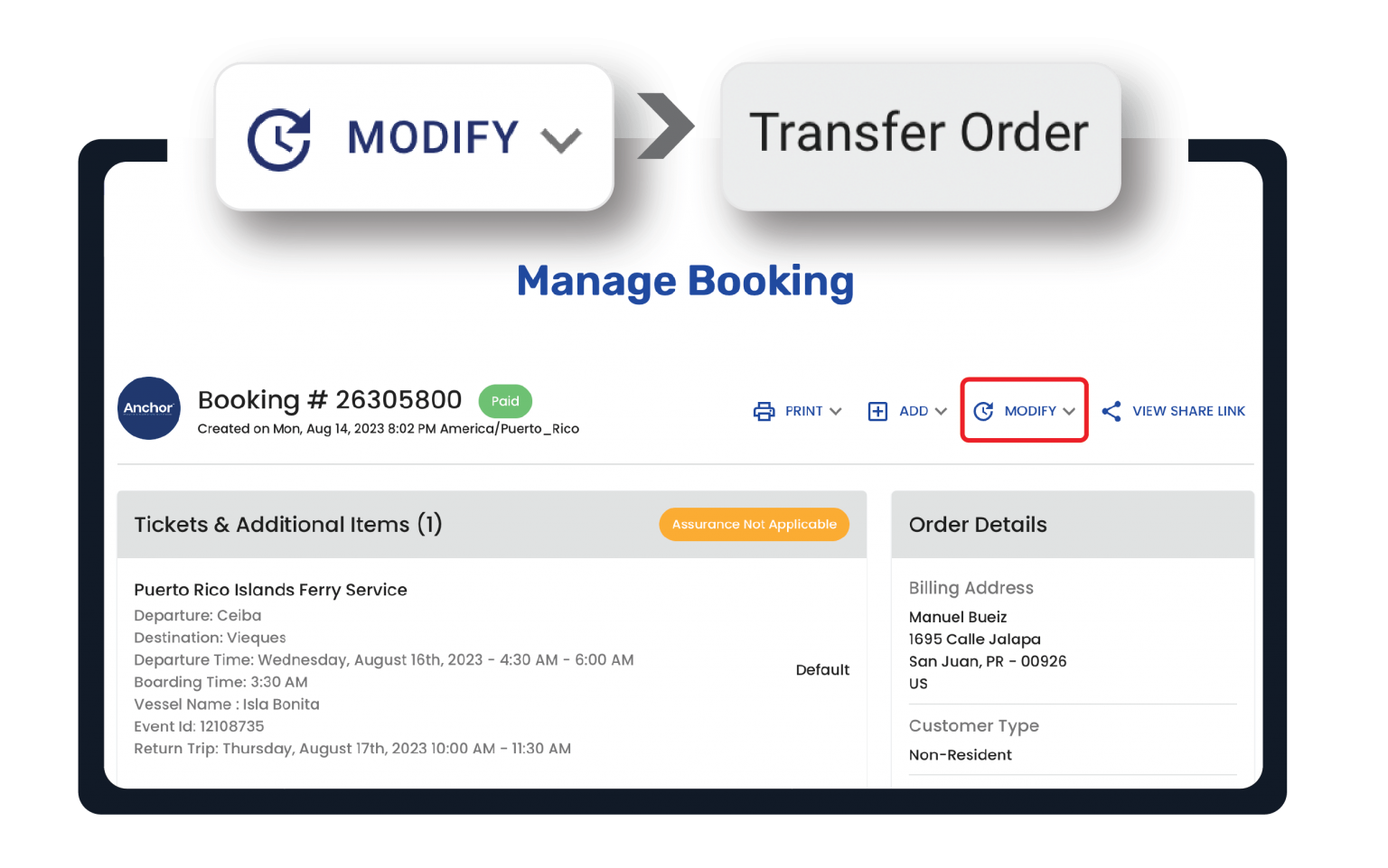 How to transfer a ticket - Puerto Rico Ferry anchored by Hornblower